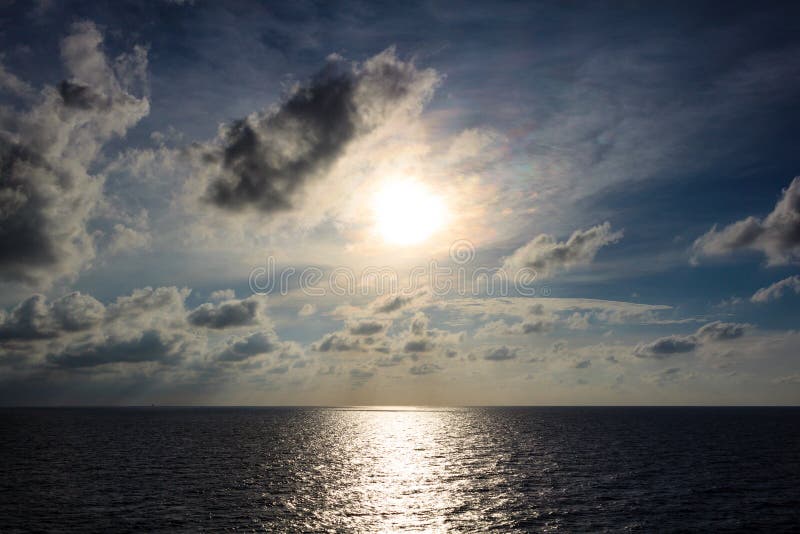 Blue Sea and Sky with Sun Red Light Reflected in the Middle Sea Stock ...