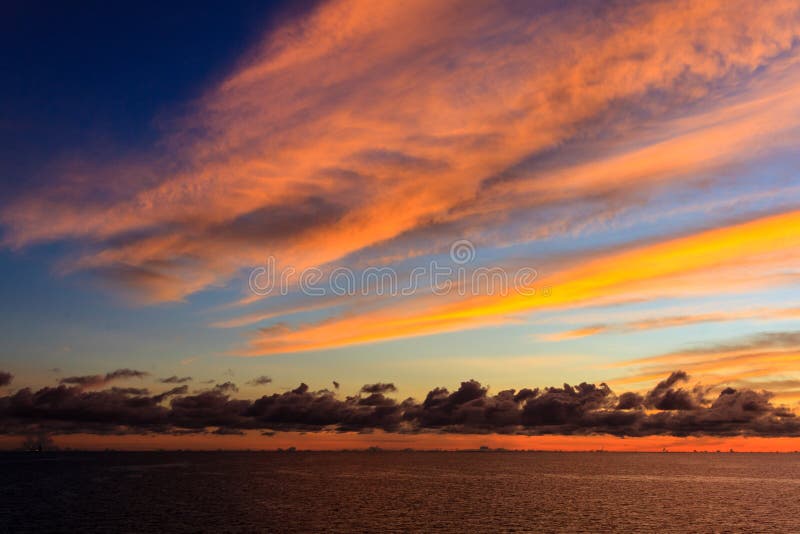 Blue Sea and Sky with Sun Red Light Reflexted in the Middle Sea Stock ...