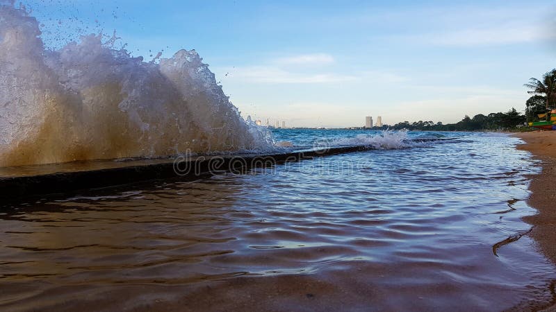The White Wave Bubble Hit the Shore Violently. Beautiful Long Sandy ...