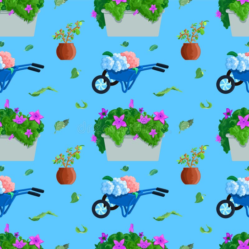 Blue Seamless Pattern with Trolley. Balcony Pots Stock Vector ...