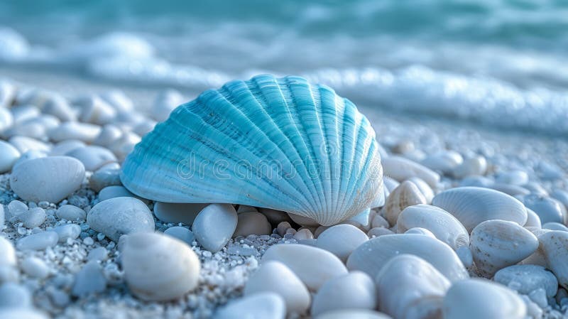 Blue Seashell on a Sandy Beach Surrounded by White Pebbles. Stock Photo ...