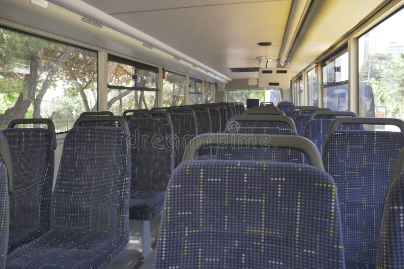 Blue Seats Inside of Empty City Bus. Stock Photo - Image of carry ...