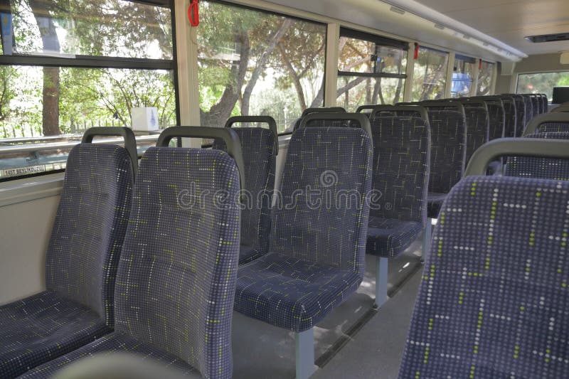 Blue Seats Inside of Empty City Bus. Stock Photo - Image of inside ...