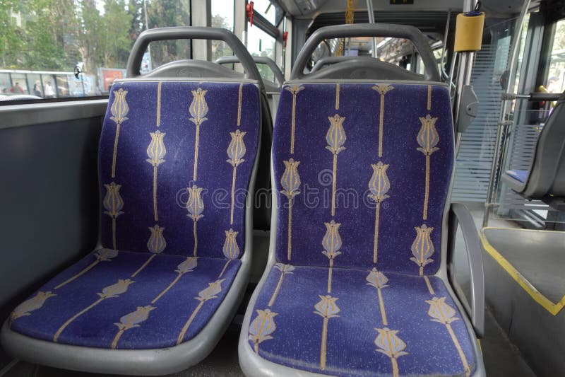 Blue Seats Inside of Empty City Bus. Stock Image - Image of ...