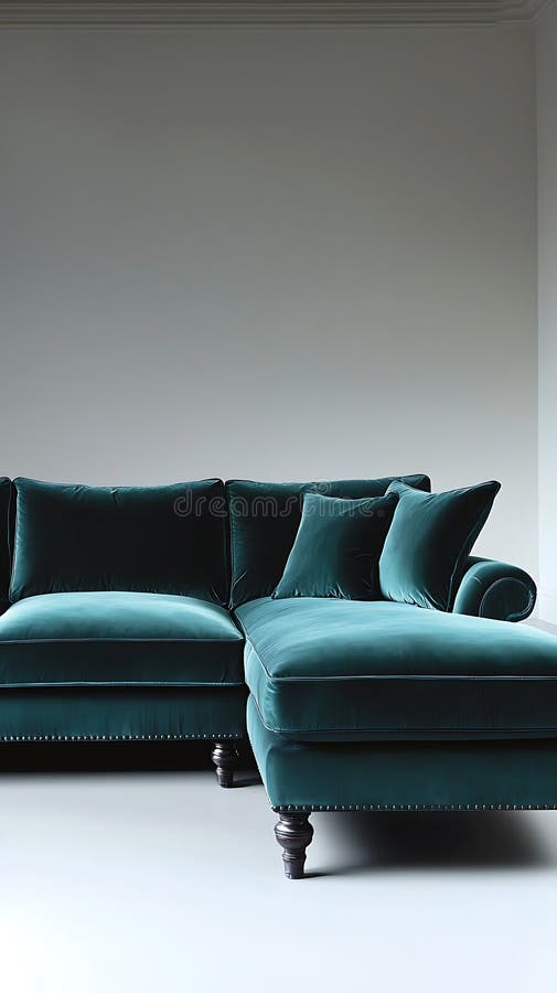 Blue Sectional Sofa with Pillows and a Black Leg Rest Stock Photo ...