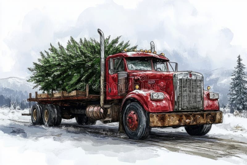 Blue Semi-trailer Truck is Transporting a Large Christmas Tree Stock ...