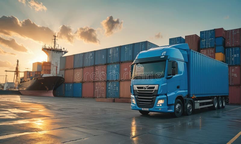 A Blue Semi Truck is Parked in Front of a Large Stack of Containers ...