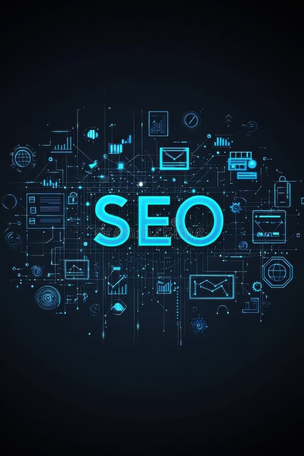 Blue SEO Technology Graphic with Data Charts on a Black Background ...
