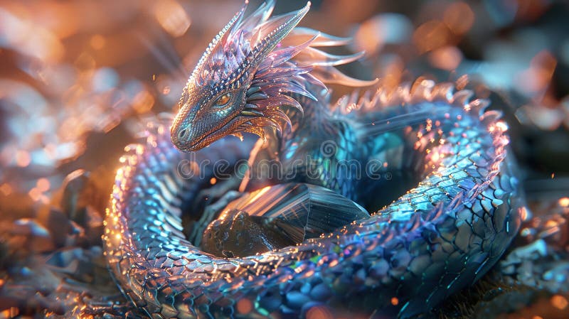 Blue Serpent Dragon Coiled in Sparkling Gemstones Fantasy Illustration ...