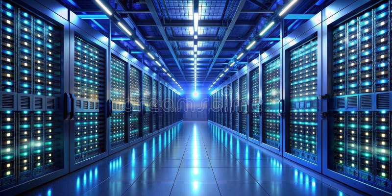 Blue Server Room Lights Reflecting on Floor, Data Center, Server Farm ...