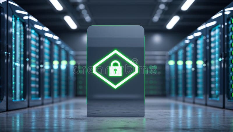 Blue Servers in a Modern Data Center with a Green Security Logo Stock ...