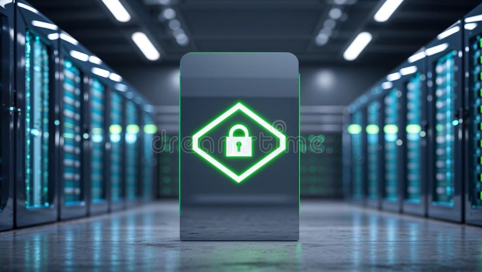 Blue Servers in a Modern Data Center with a Green Security Logo Stock ...