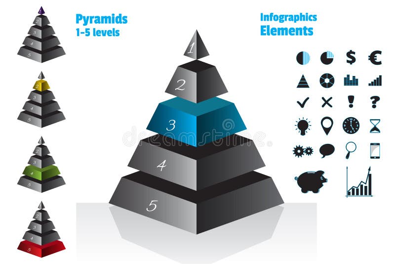 Blue Set of Isometry Symmetrical Pyramid Charts, Diagram 5 Levels with ...