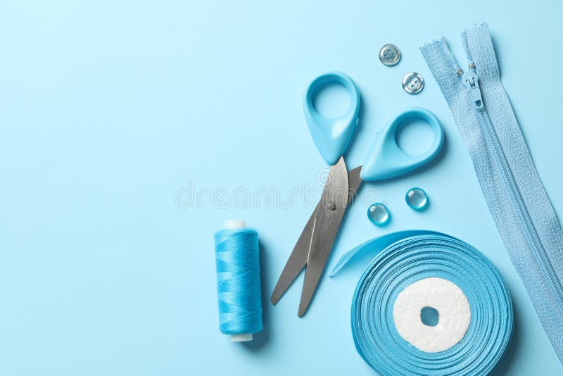 Blue Sewing Supplies on Blue Background, Top View Stock Image - Image ...