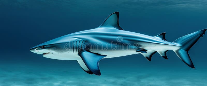 Blue Shark Swimming Gracefully Underwater with a Deep Blue Backdrop ...