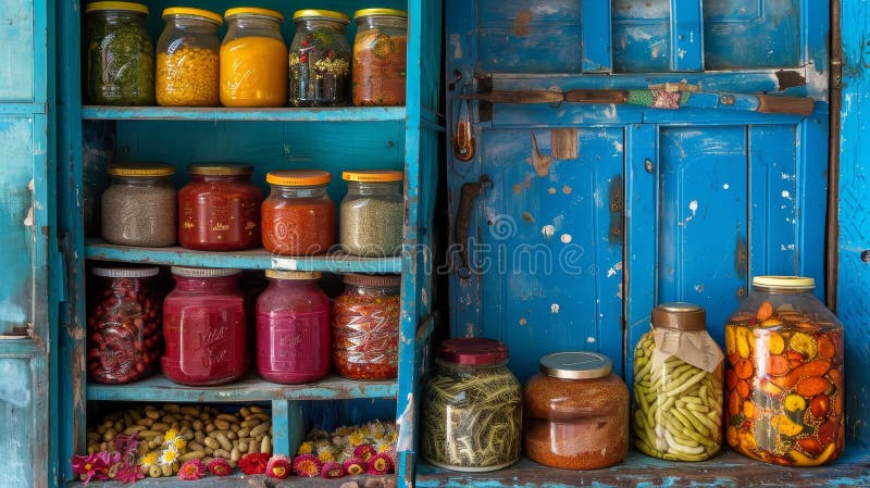A Blue Shelf with Many Jars of Food on it Generated by AI Stock ...