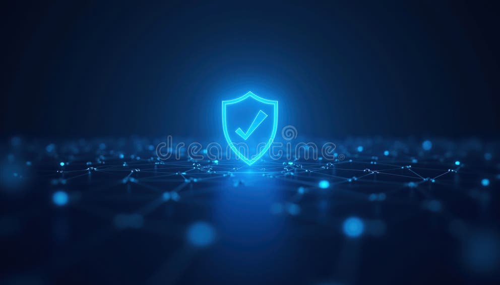 Blue Shield with Checkmark Over Digital Network Grid. Stock Photo ...