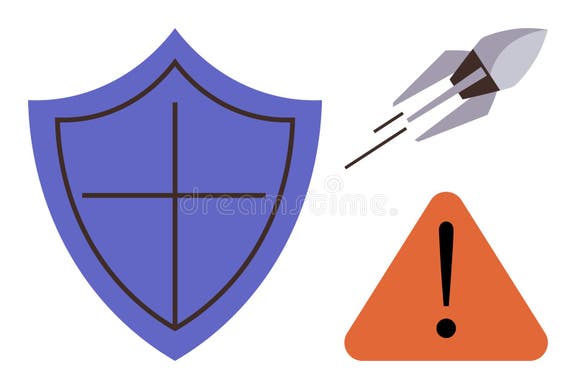 Rocket, Shield, and Warning Sign Representing Security, Risk, and Alert ...