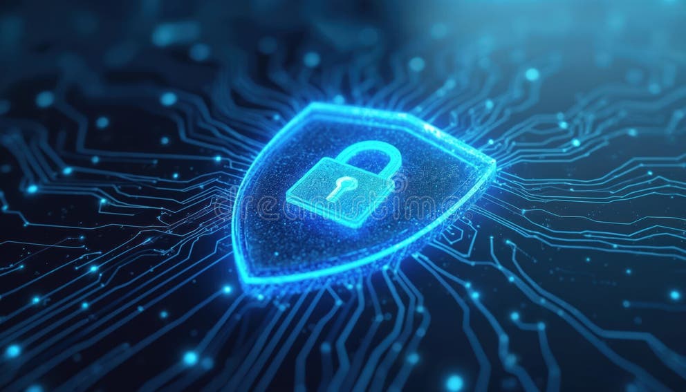 Blue Shield Logo with Lock Symbol on Hi-tech Cybersecurity Interface ...