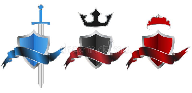 Three shields with ribbon stock vector. Illustration of design - 215399830
