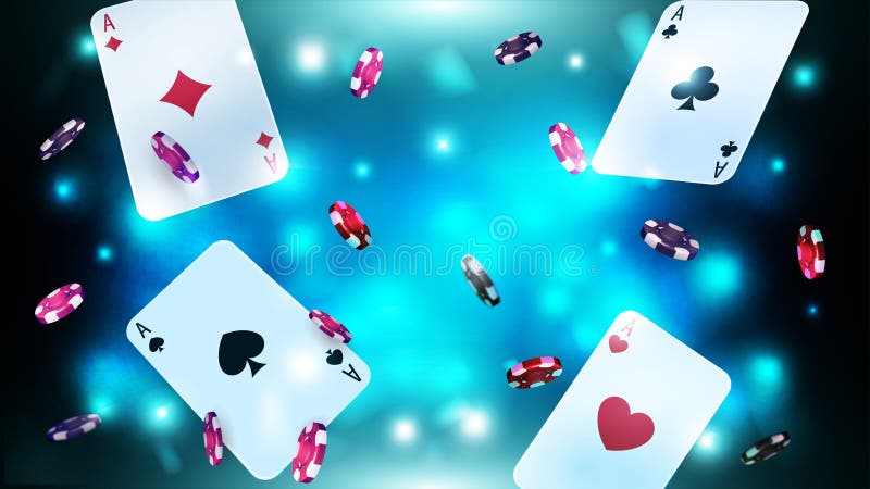 Blue Shiny Blurred Background with Flying Playing Cards and Poker Chips ...