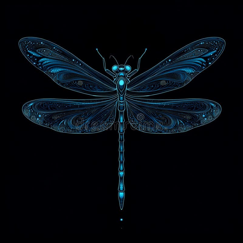 Blue Shiny Dragonfly with Patterns on Black Background Stock ...