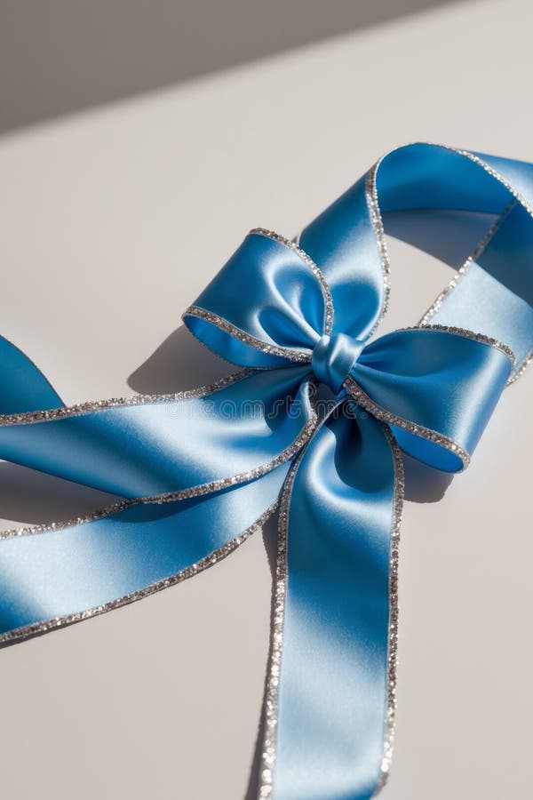 Blue Shiny Ribbon with Silver Edges and Bow Stock Photo - Image of ...