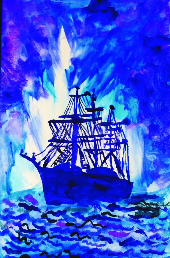 Blue Ship & Deep Blue Storm Sketch Stock Photo - Image of deep, sunset ...