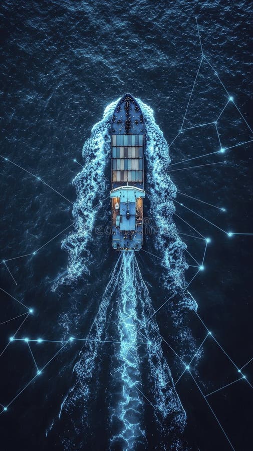 Blue Ship Navigating with Digital Connections Visible Stock ...