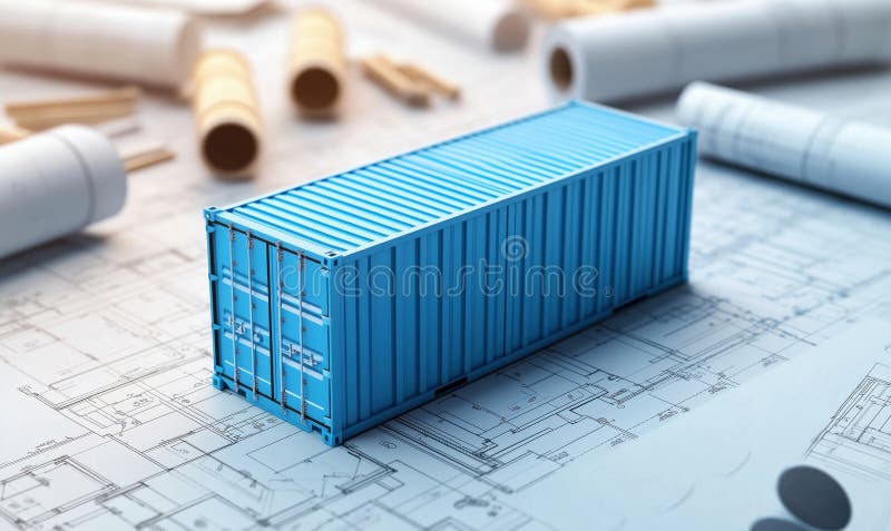 Blue Shipping Container on Architectural Blueprints with Construction ...