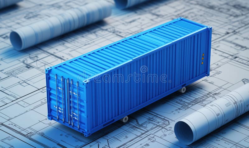 Blue Shipping Container on Architectural Blueprints with Pipes and ...