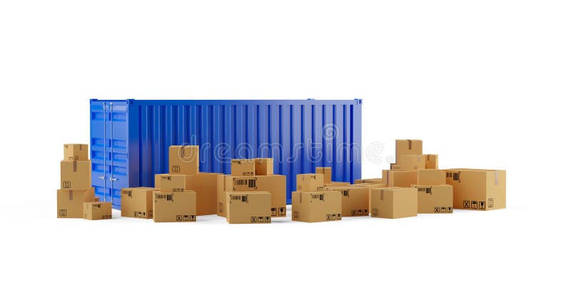 Blue Shipping Container with Boxes or Parcels Over White Background ...