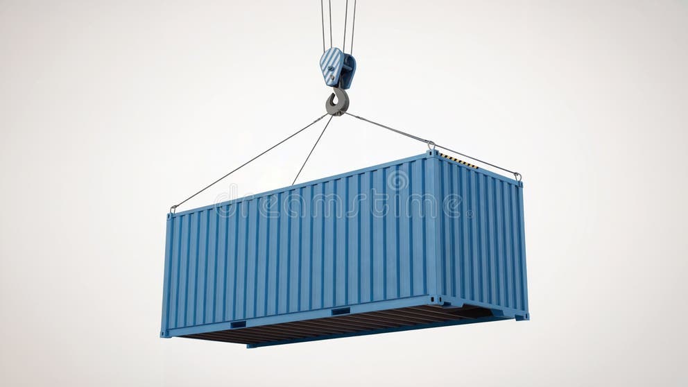 Blue Shipping Container Hanging by Crane Isolated on White Stock ...