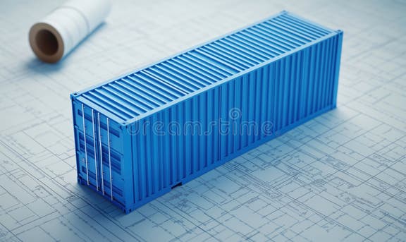 Blue Shipping Container Model on Architectural Blueprint Background for ...