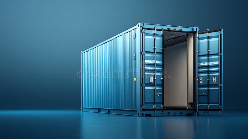 Blue Shipping Container with Open Doors on a Sleek Blue Background ...