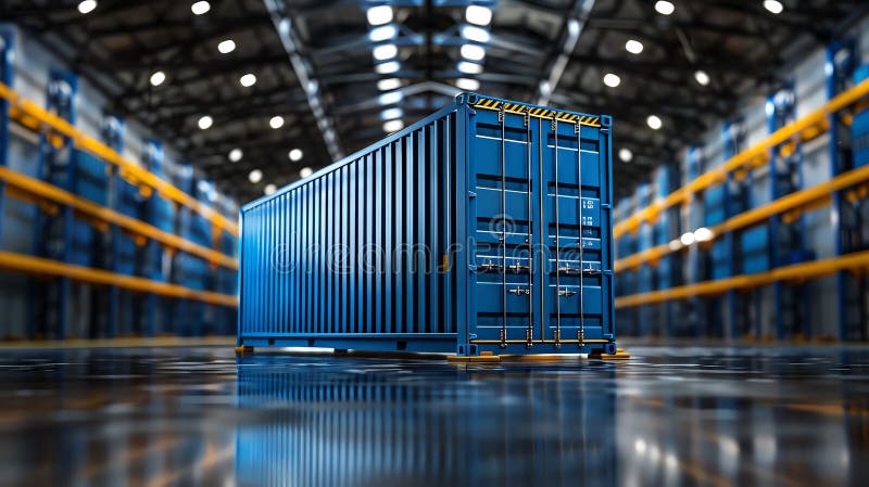 A Blue Shipping Container Sits in a Warehouse, Surrounded by Shelves ...