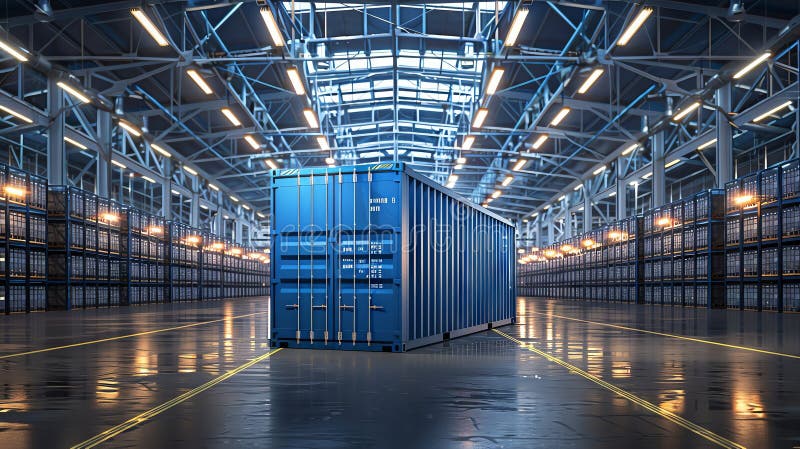 A Blue Shipping Container Stands in a Large, Empty Warehouse with Rows ...