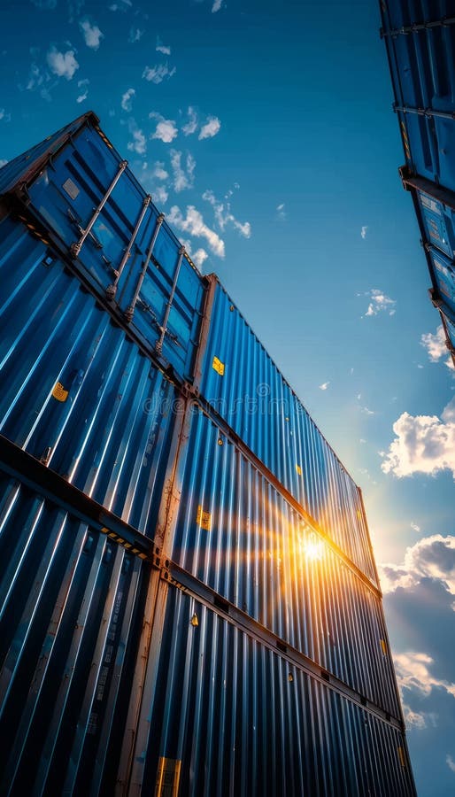 Blue Shipping Containers Stacked High at Sunset Stock Illustration ...
