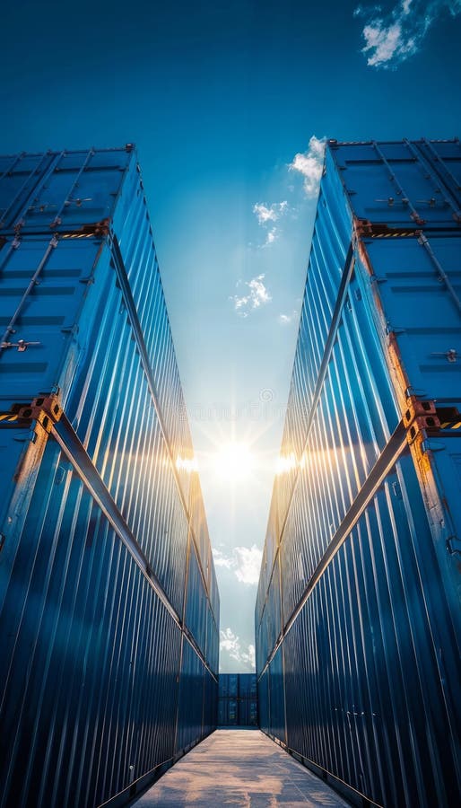 Blue Shipping Containers Stacked High at Sunset Stock Illustration ...