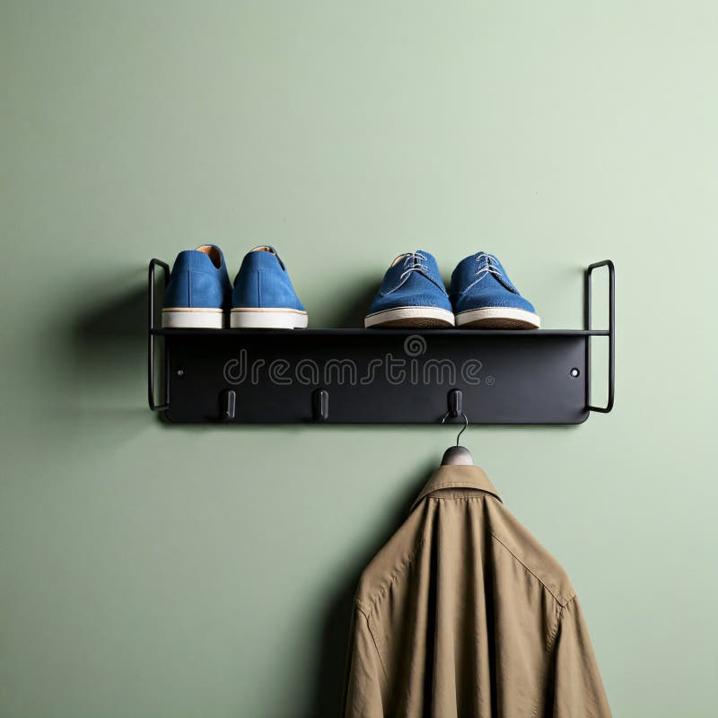Blue Shoes on a Shelf Above a Hanging Green Jacket Stock Illustration ...