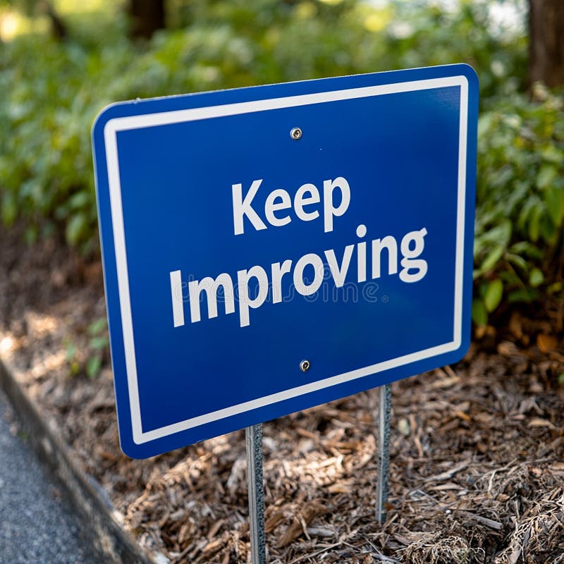 Blue Sign with "Keep Improving" Text Centered on White Background Stock ...