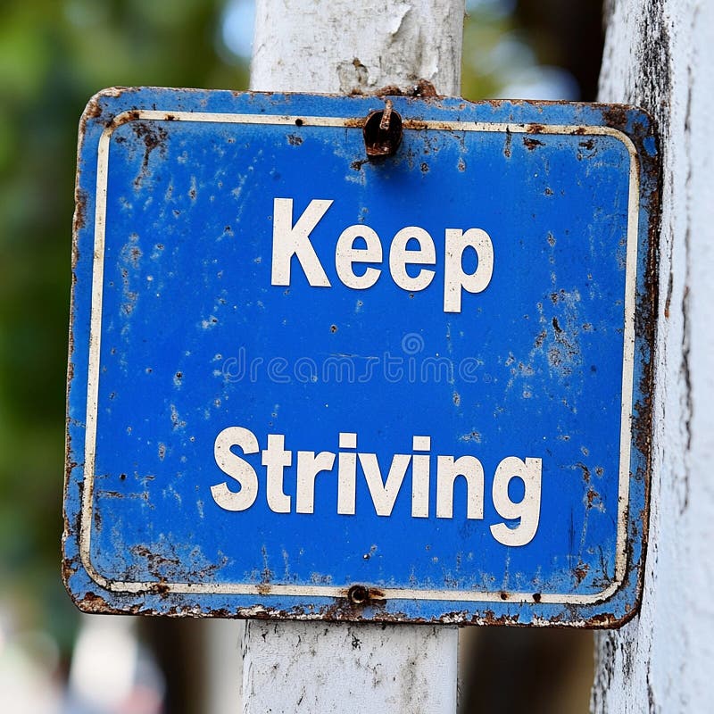Blue Sign with "Keep Striving" Text on White Background Stock ...