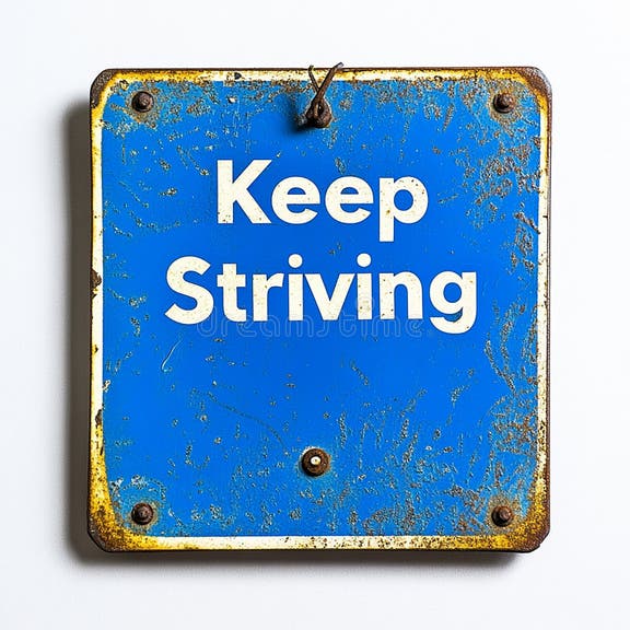 Blue Sign with "Keep Striving" Text on White Background Stock ...