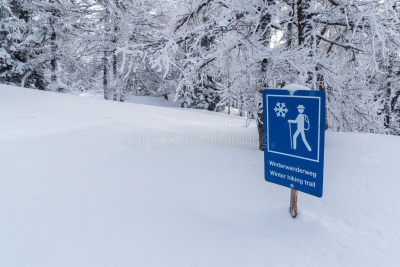 Blue Sign of the Road for Hiking Stock Image - Image of snow, sign ...