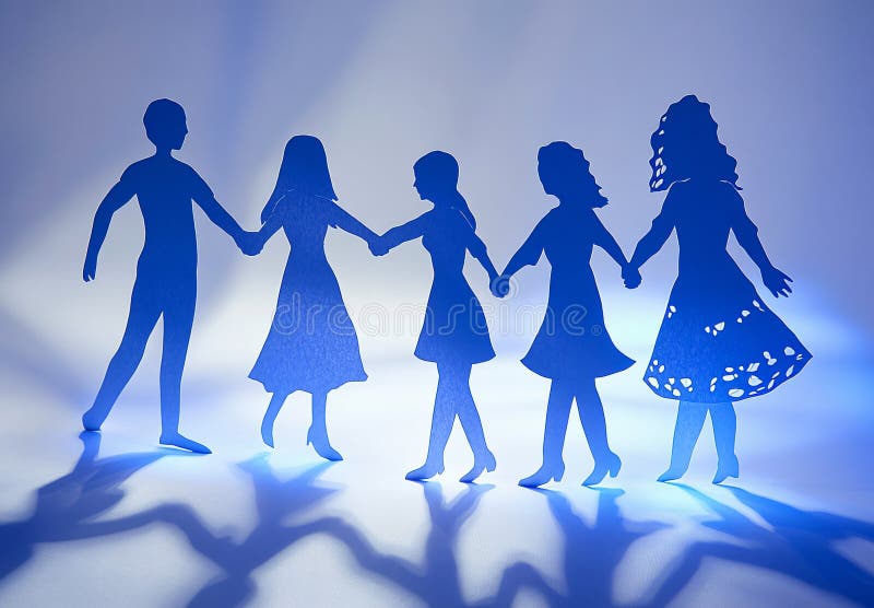Blue Silhouettes of People Holding Hands, Unity High Quality Image ...