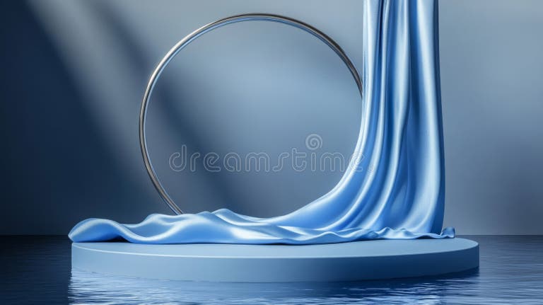 Blue Silk Drape on Minimalist Platform with Metal Ring Stock Illustration - Illustration of ...