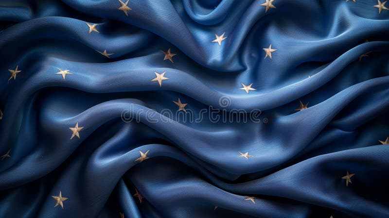 Blue Silk Fabric with Gold Stars Arranged in Waves. Elegant and ...