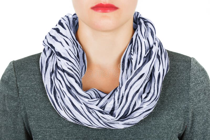 Silk Scarf. Blue Silk Scarf Around Her Neck Isolated on White ...