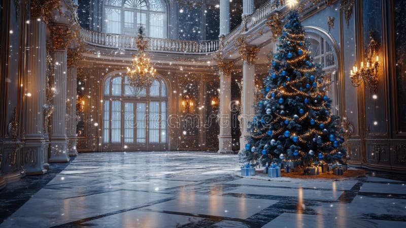Blue and Silver Christmas Tree in an Elegant Ballroom, Warm Lighting ...