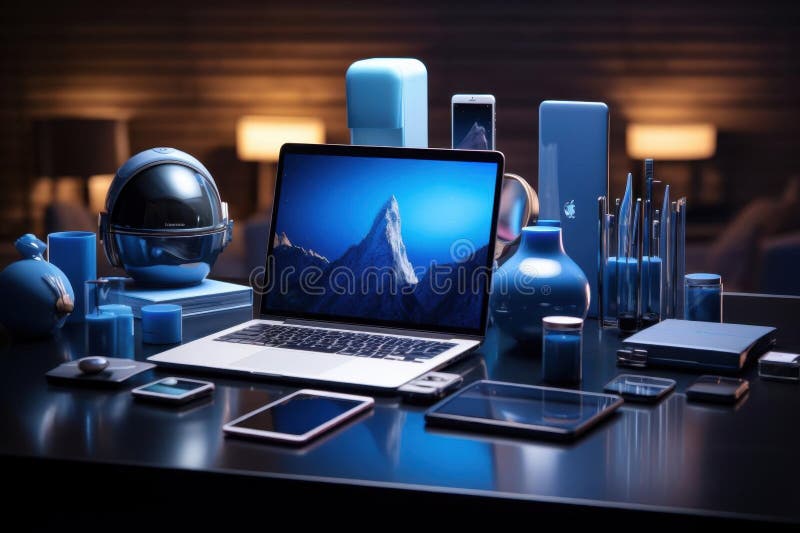 Blue and Silver Desk Setup with Laptop, Mountain View Stock ...